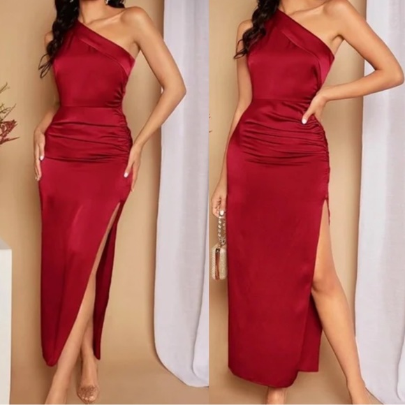 Dresses | Luxe Red One Shoulder Slit Thigh Party Formal Prom Satin ...